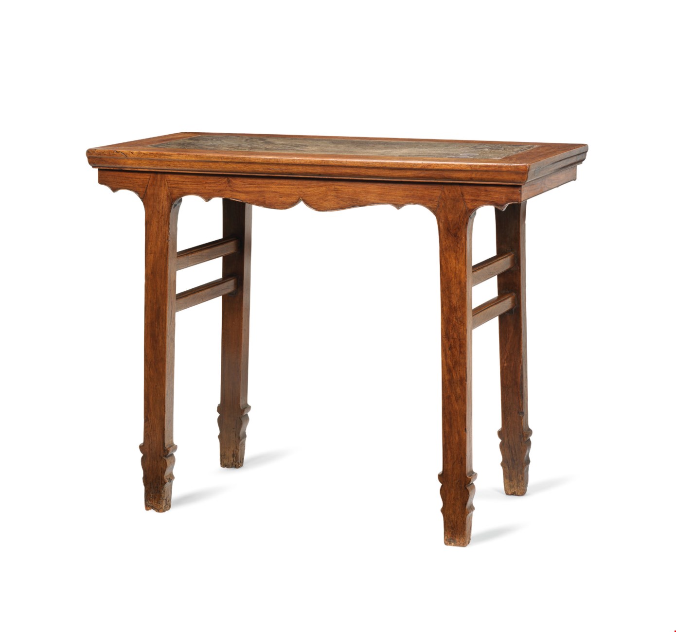 A GREEN STONE-INSET HUANGHUALI RECESSED-LEG WINE TABLE, JIUZHUO, LATE ...