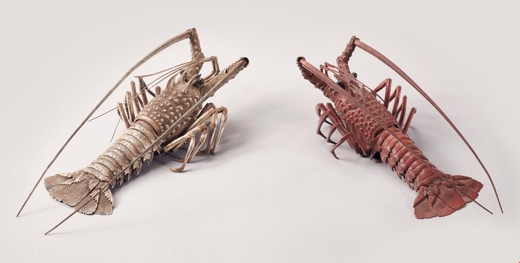 A set of silver and copper articulated sculptures of lobsters, Meiji ...