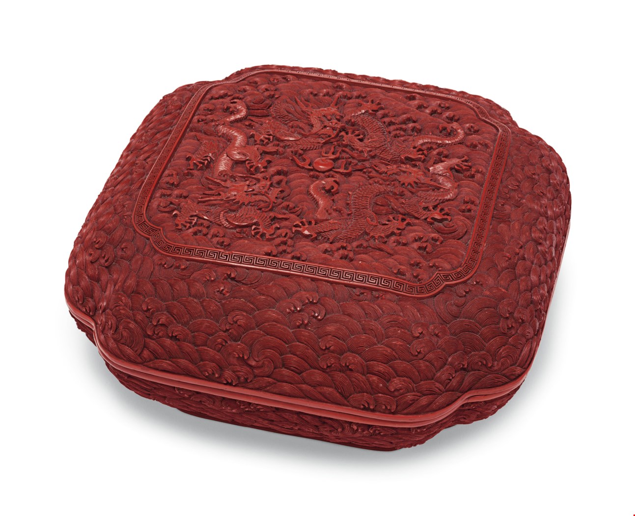 A CARVED RED LACQUER SQUARE "DRAGON" BOX AND COVER, CHINA, QING DYNASTY ...