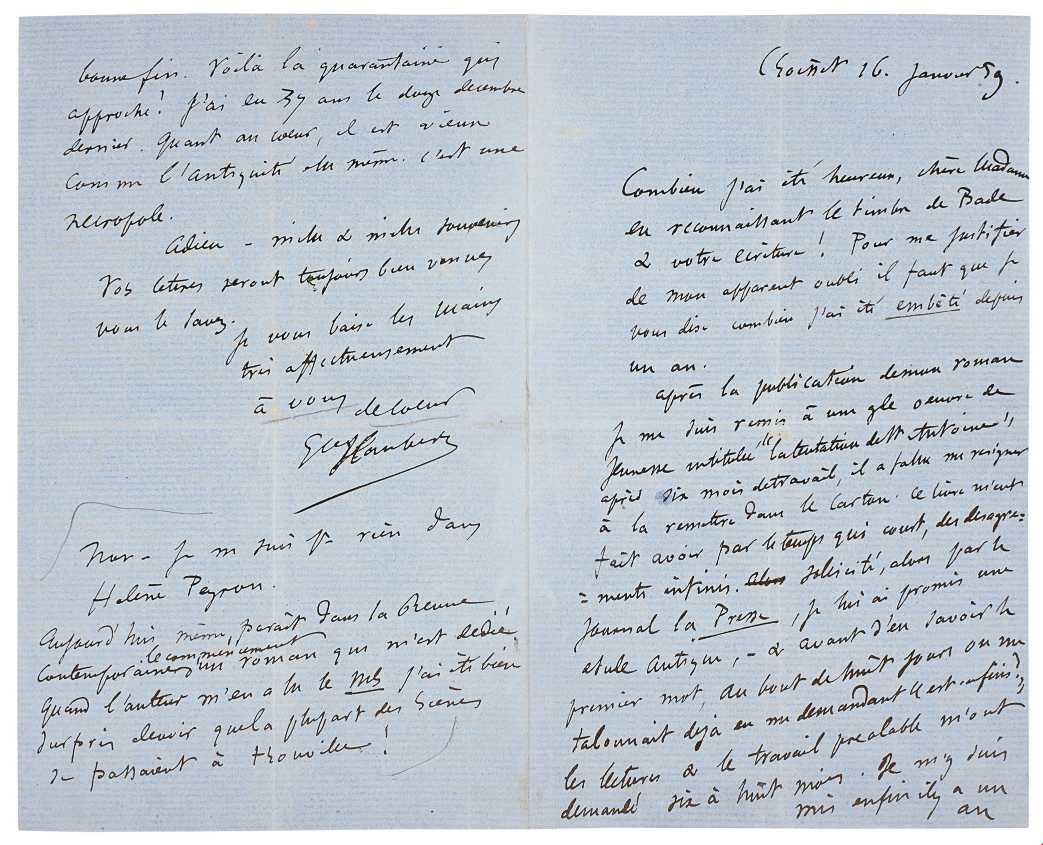 FLAUBERT, Gustave (1821-1880). Lettre autographe signée à Elisa ...