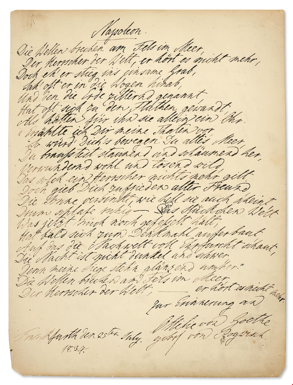 GOETHE, Ottilie von (1796-1872). Napoleon. Manuscrit autographe signé ...