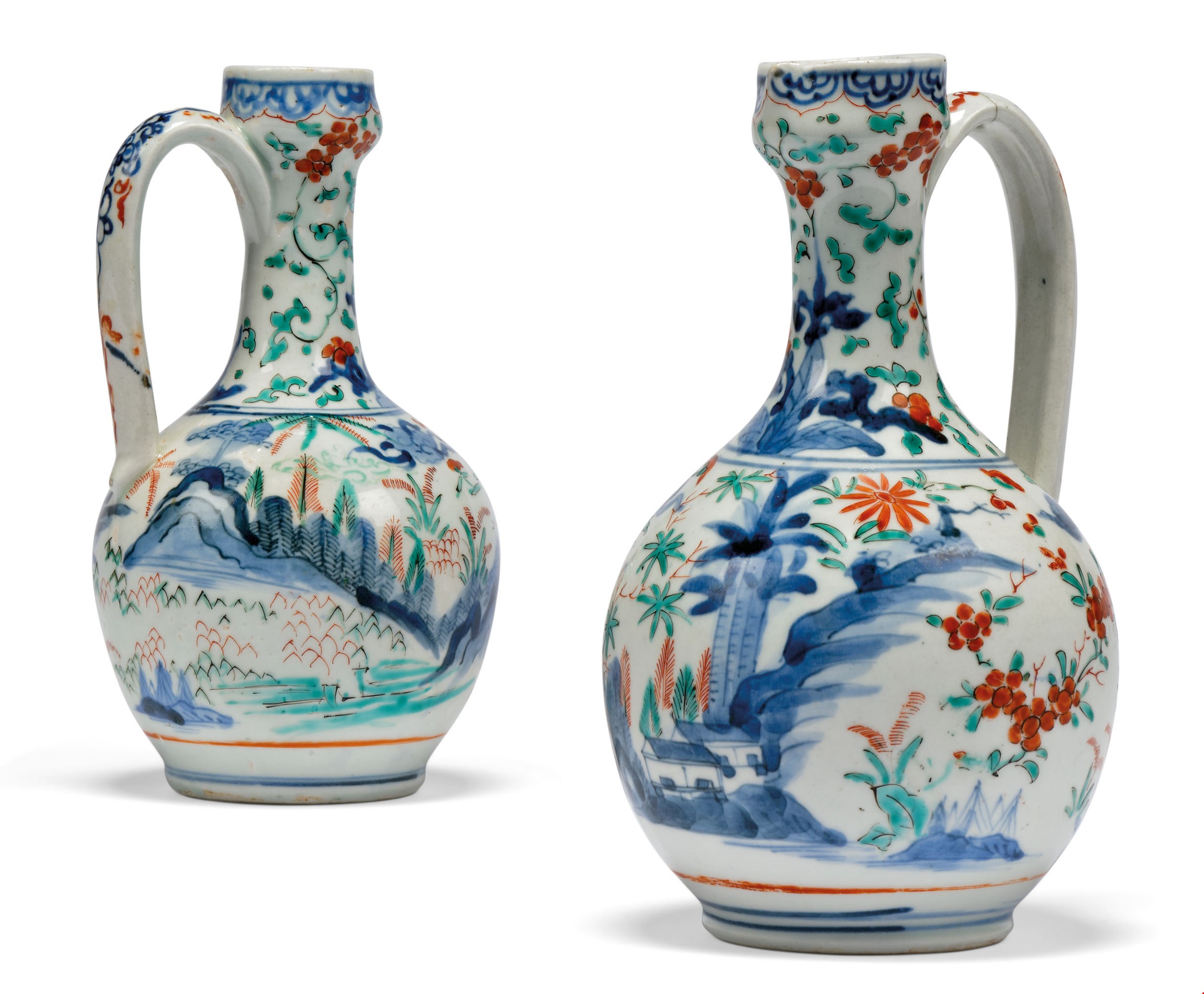A PAIR OF JAPANESE ARITA EWERS DECORATED IN KAKIEMON STYLE, EDO PERIOD ...