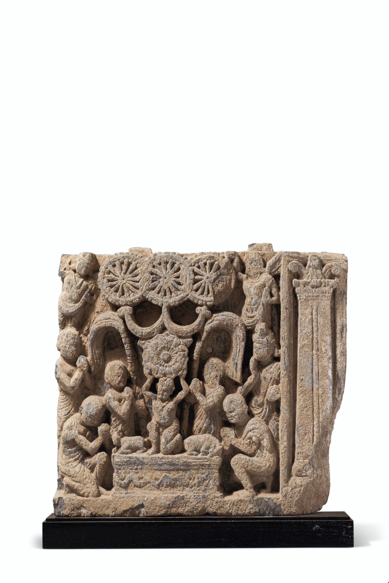 A GRAY SCHIST RELIEF DEPICTING THE ADORATION OF THE TRIRATNA, ANCIENT ...