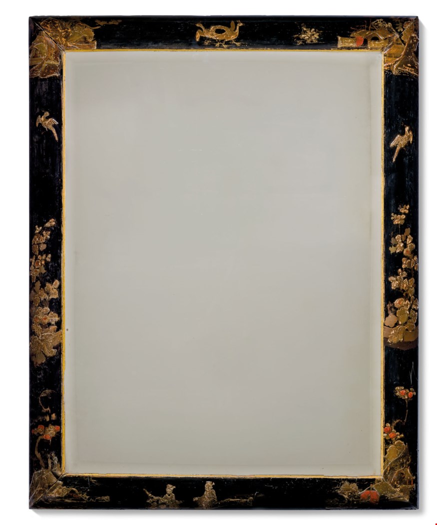 A WILLIAM AND MARY BLACK AND GILT JAPANNED CUSHION-FRAMED MIRROR, LATE ...