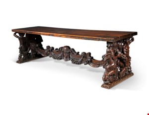 AN ITALIAN WALNUT TRESTLE TABLE, 19TH CENTURY, INCORPORATING SOME ...