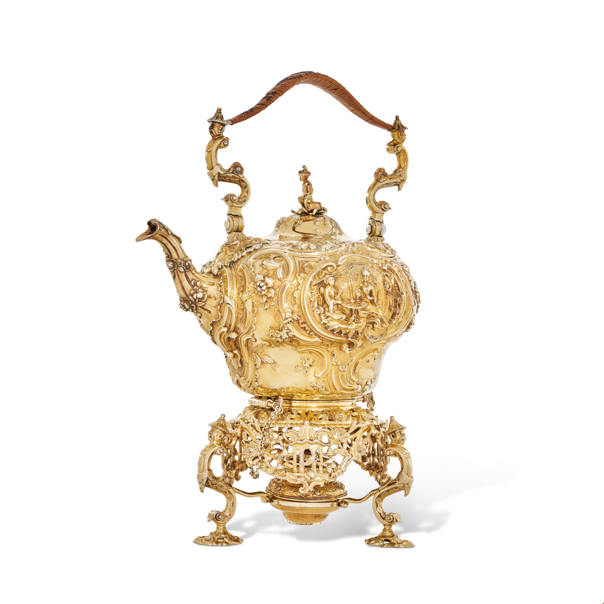 A GEORGE II SILVER-GILT KETTLE, STAND AND LAMP, MARK OF WILLIAM GRUNDY ...