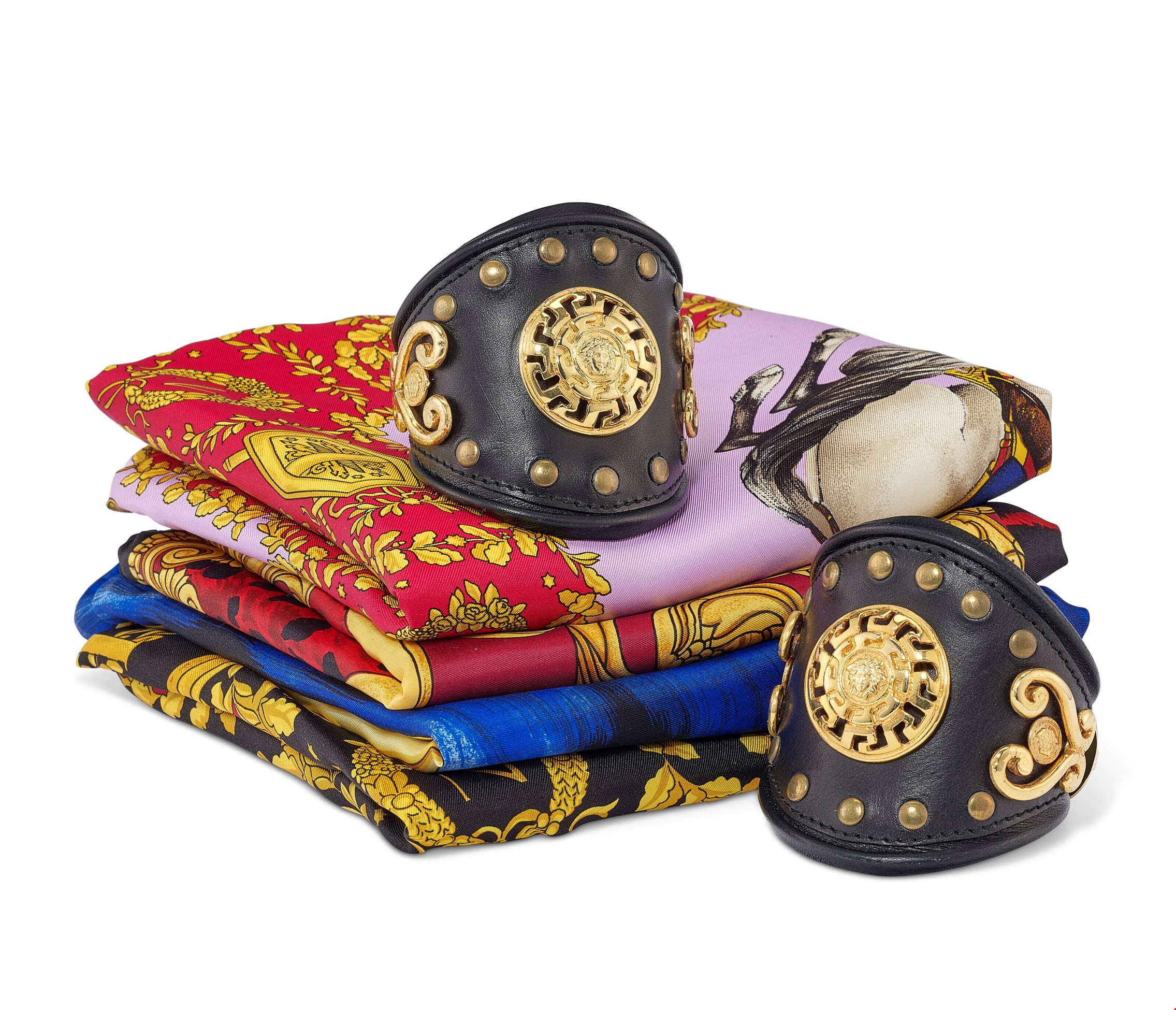 A GROUP OF FOUR SILK SCARVES AND TWO LEATHER AND GILT-METAL LEATHER ...