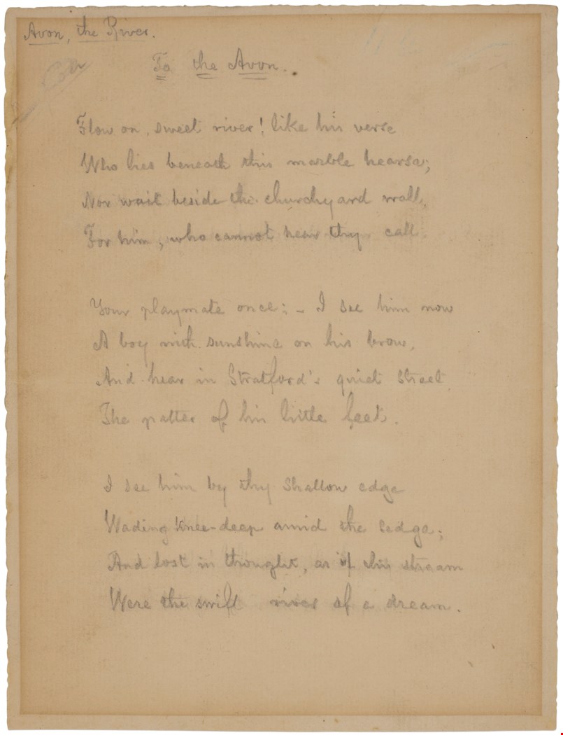 The original manuscript for "On the Avon", Henry Wadsworth Longfellow ...