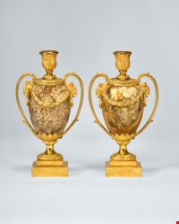 A PAIR OF GEORGE III ORMOLU-MOUNTED 'TIGER STONE' CANDLE-VASES, BY ...