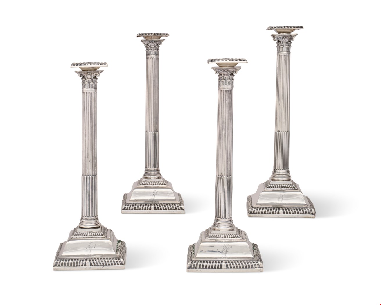 A SET OF FOUR GEORGE III SILVER CANDLESTICKS, LONDON, 1765, TWO MARK OF ...